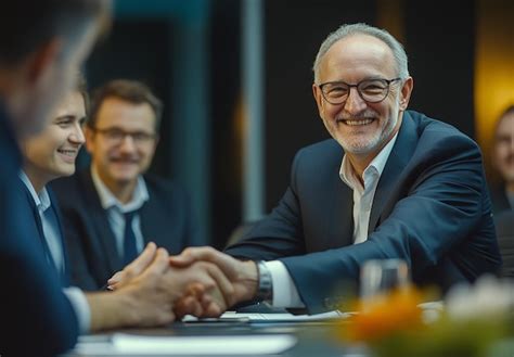 Happy Middle Aged Senior Business Leader Shaking Hands With New Male Partner Premium Ai