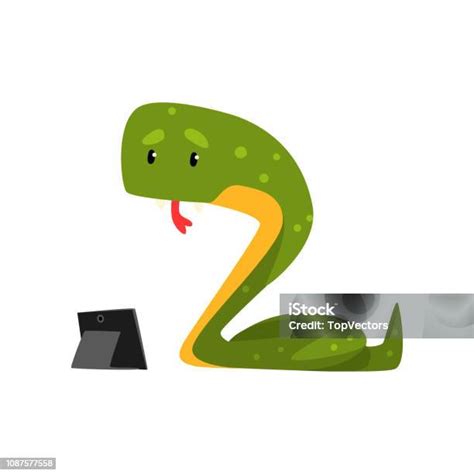 태블릿 흰색 배경에 현대 가제트 벡터 일러스트와 귀여운 파충류 만화 캐릭터 작업 뱀 귀여운에 대한 스톡 벡터 아트 및 기타 이미지 귀여운 그래픽 사용자 인터페이스