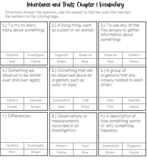 Inheritance And Traits Chapter 1 Amplify Science Color By Number