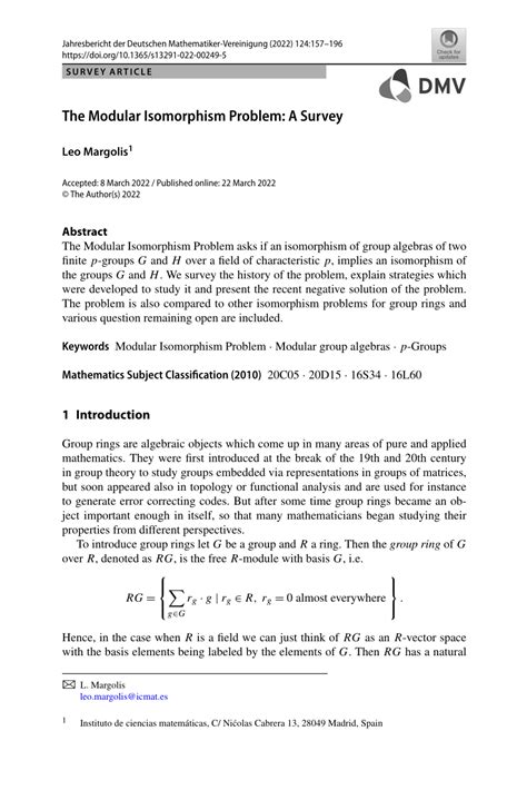 Pdf The Modular Isomorphism Problem A Survey