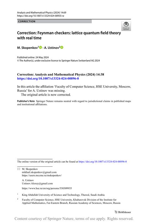 Correction Feynman Checkers Lattice Quantum Field Theory With Real Time