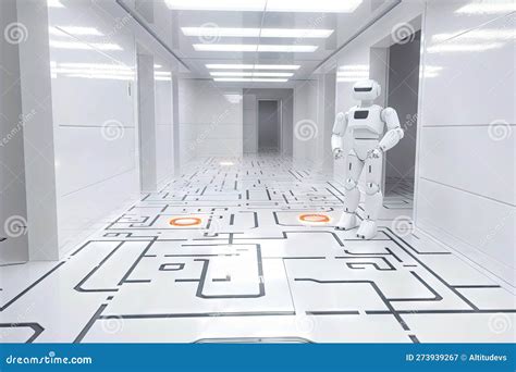 Robot In Virtual Reality Simulation Navigating Maze Of Corridors And Obstacles Stock