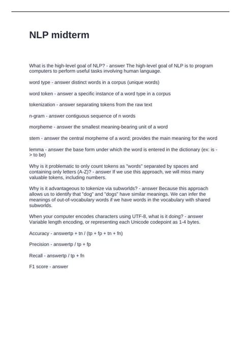 nlp midterm questions and answers scored a 2024 nlp stuvia us