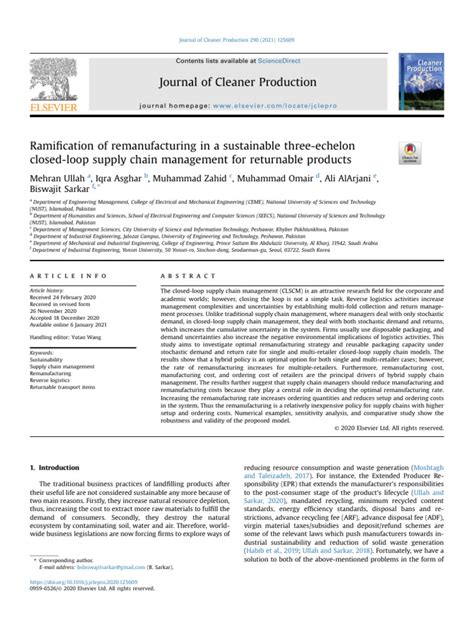 P3 Ramification Of Remanufacturing In A Sustainable Three Echelon Closed Loop Supply Chain