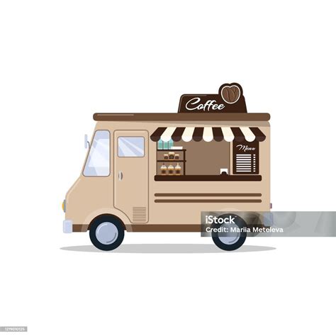흰색 배경에 고립 된 커피 푸드 트럭 만화 스타일의 패스트 푸드 트럭 개념에 대한 스톡 벡터 아트 및 기타 이미지 개념 거리 교통수단 Istock