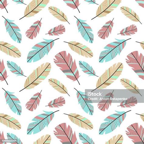 Boho 스타일에서 만화 깃털의 완벽 한 패턴입니다 손으로 그린 그림 엽서 포장지 배경 인쇄로 사용 하기 위해 분홍색 파란색 갈색 그늘에 깃털에 대한 스톡 벡터 아트 및