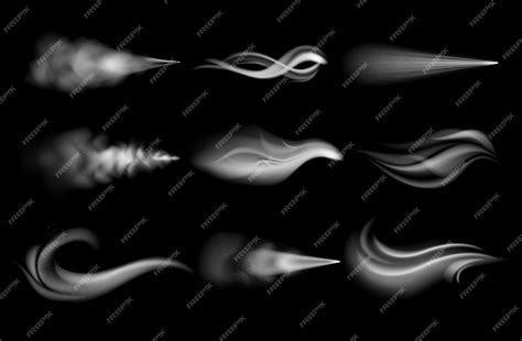 현실적인 바람 불어 3d 공기 스프레이 및 증기 제트 효과 수증기 파열 모형 안개 구름 안개 및 연무 그래픽 템플릿 연기 흐름의 곡선 모양 벡터 흰색 먼지 및 연기 텍스처