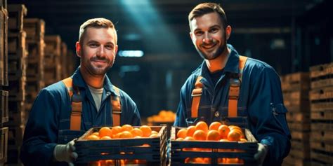 Premium Photo Two Workers Holding Crates Of Oranges At Warehouse