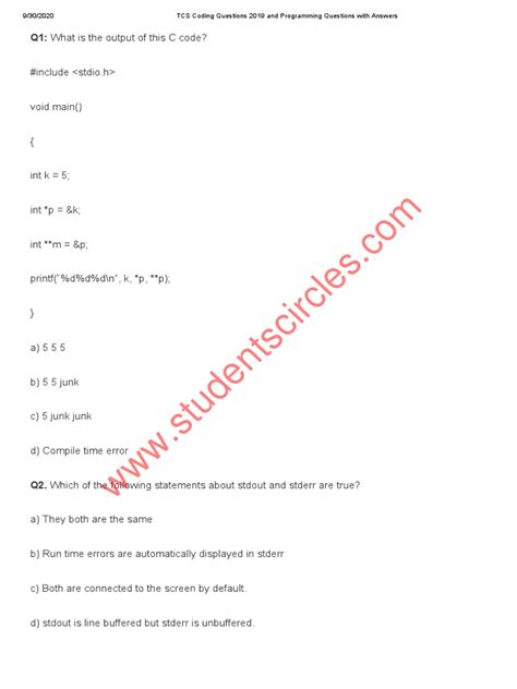Tcs Coding Questions 2019 And Programming Questions With Answers Pdf