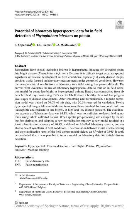 Potential Of Laboratory Hyperspectral Data For In Field Detection Of Phytophthora Infestans On