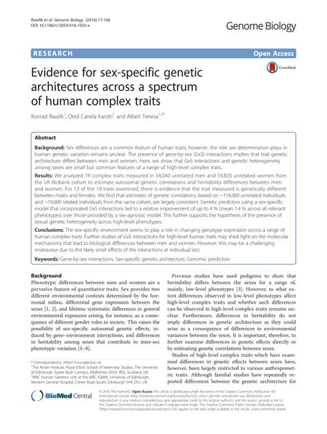 Pdf Evidence For Sex Specific Genetic Architectures Across A Spectrum Of Human Complex Traits