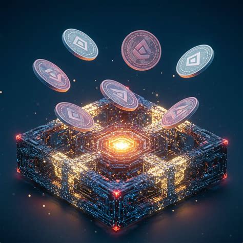 Ai Generated Floating Coins Above Glowing Circuit Board Structure Stock Illustration