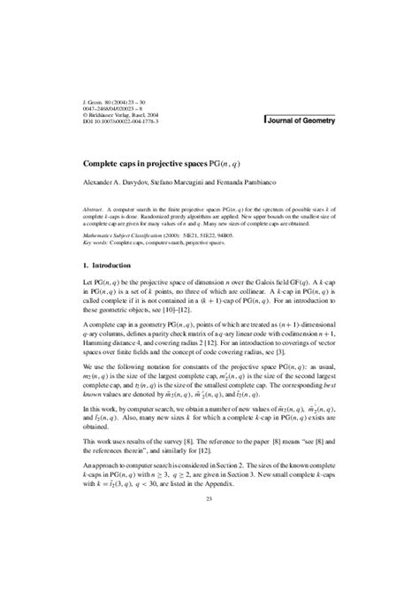 Pdf Complete Caps In Projective Spaces Pg N Q