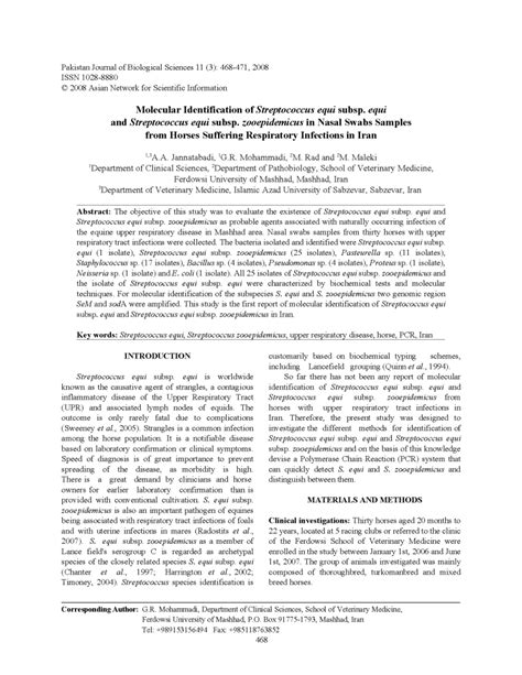 Pdf Molecular Identification Of Streptococcus Equi Subsp Equi And Streptococcus Equi Subsp