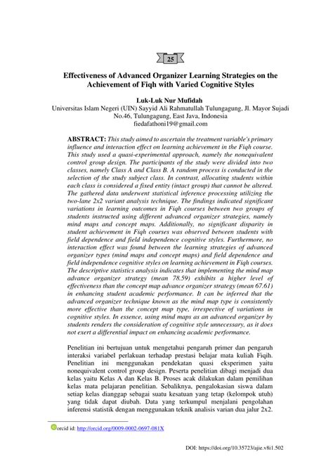Pdf Effectiveness Of Advanced Organizer Learning Strategies On The Achievement Of Fiqh With