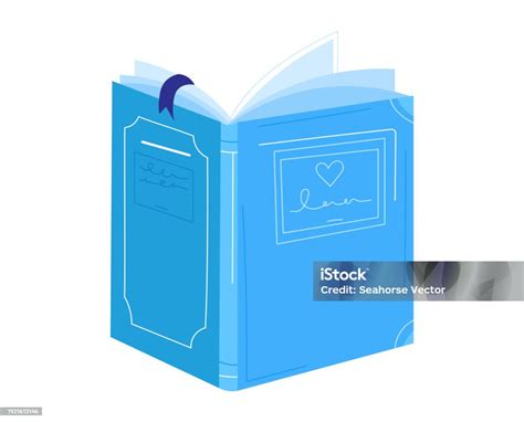 표지에 사랑의 하트와 우아한 글씨가 있는 파란색 펼쳐진 책 미니멀리스트 독서 및 문학 개념 로맨스 소설 또는시 책 벡터 일러스트