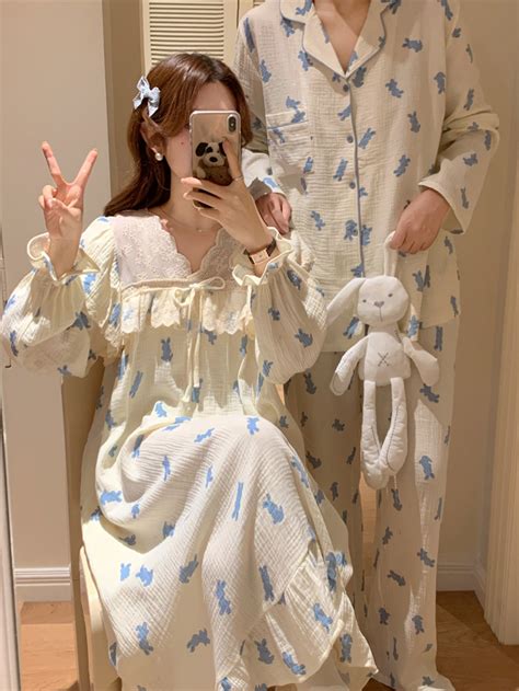 요루면 블루토끼 커플 잠옷 원피스 투피스 순면 코튼 긴팔 가을 파자마 파티
