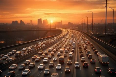 Aerial View Of City Traffic With Many Cars Driving On Urban Roads In The Metropolis Stock