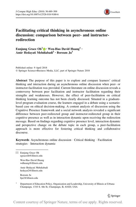 Facilitating Critical Thinking In Asynchronous Online Discussion Comparison Between Peer And