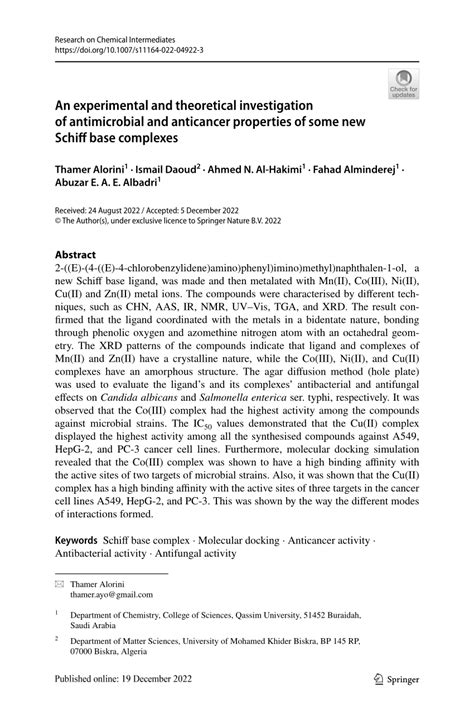 Pdf An Experimental And Theoretical Investigation Of Antimicrobial