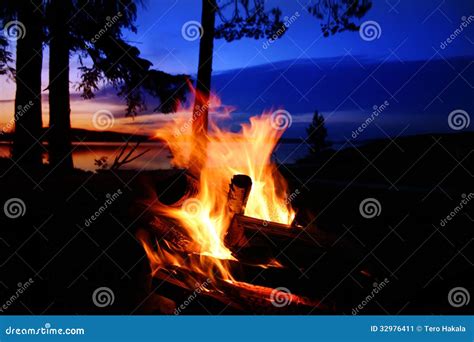 Campfire By A Lake Stock Image Image Of Forest Bonfire 32976411
