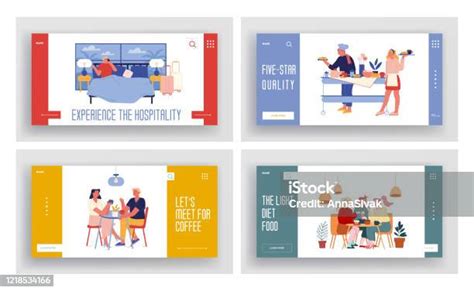 호스피탈리티 및 룸서비스 방문 페이지 템플릿 세트 캐릭터는 아침 식사 정장에서 호텔 리셉션에 남자 전화 손님을위한 음식을 제공하는 레스토랑 직원 만화 사람 벡터 일러스트