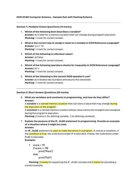Ocr Gcse Computer Science Solutions And Marking Scheme Pdf
