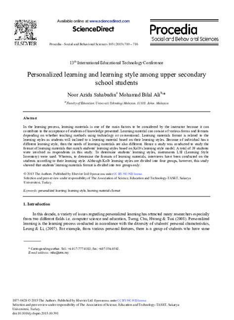 pdf personalized learning and learning style among upper secondary