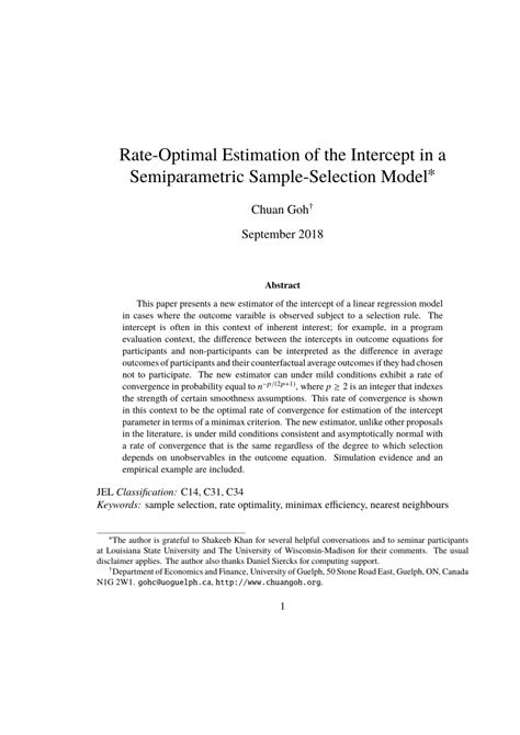 PDF Rate Optimal Estimation Of The Intercept In A Semiparametric Sample Selection Model