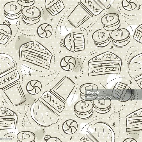 컵 케이크 아이스크림 머핀 크루아상 케이크와 그런 지 배경에 쿠키와 베이지색 완벽 한 패턴입니다 직물과 종이 또는 스크랩 예약 벡터에 인쇄 하는 데 적합 합니다 계절에 대한