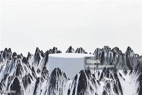 3d 렌더링 겨울 플랫폼 및 자연스러운 모형 배경 제품 스탠드 디스플레이 광고 화장품 스킨 케어 등을위한 얼음 눈 산 봉우리에