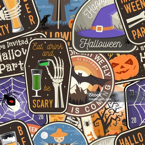 까마귀 호박 해골 손 묘지 마법의 맥주 벡터와 허수아비와 할로윈 패치 다채로운 매끄러운 패턴 할로윈 배경 배경 화면 패치와