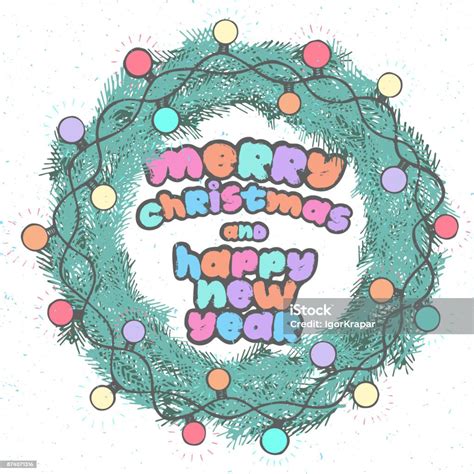 기쁜 성 탄과 새 해 복 많이 받으세요 빈티지 배경 화려한 반짝이 화 환에 녹색 소나무 전나무 화 환에 텍스트 브러쉬 12월에 대한 스톡 벡터 아트 및 기타 이미지 Istock