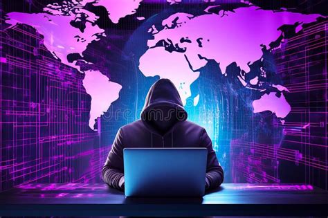 Hacker Initiating Global Cyber Attack Using Laptop In Server Room Stock Illustration