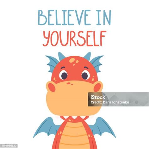 귀여운 빨간 드래곤과 손으로 그린 글자 따옴표와 포스터 자신을 믿으십시오 어린이 포스터를위한 보육 인쇄 흰색 배경에 벡터 그림입니다 용에 대한 스톡 벡터 아트 및 기타