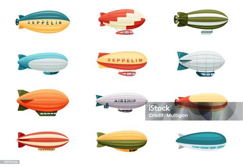 여객 비행선이 설정됩니다 밝은 색상의 시가 모양의 풍선 은 무료 여행 관광헬륨과 함께 거대한 풍선을 길게 사람들을위한 줄무늬 오두막 복고풍 제플린 벡터 만화 예술 소형