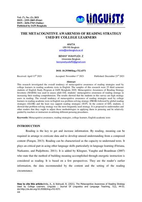pdf the metacognitive awareness of reading strategy used by college