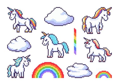 Premium Vector Fantasy Pixel Unicorns And Rainbow Game Stickers