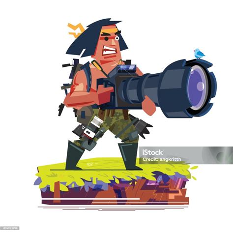 전문 근육 사진 작가 거 대 한 카메라를 들고 새의 사진의 찍을 도구 및 사진 작가 개념의 장비입니다 캐릭터 디자인벡터 만화에 대한 스톡 벡터 아트 및 기타 이미지 Istock