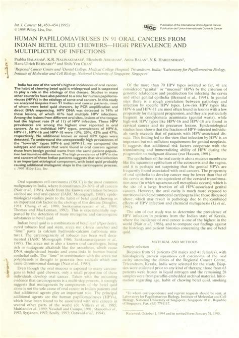 Pdf Human Papillomaviruses In 91 Oral Cancers From Indian Betel Quid Chewers High Prevalence