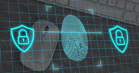 Fingerprint Scanner And Security Padlock Icon Over Grid Network Against