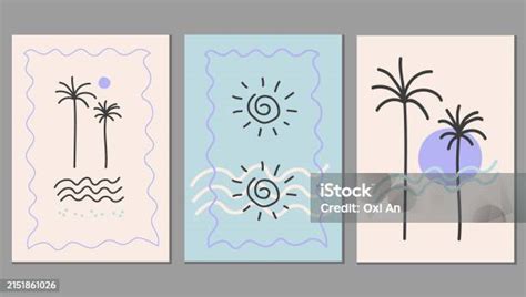 여름 열 대 보헤미안 추상 포스터 손으로 그린 벡터 일러스트 레이 션 해양 동기 바다 해안 풍경 일몰 템플릿 인쇄 종이 장식