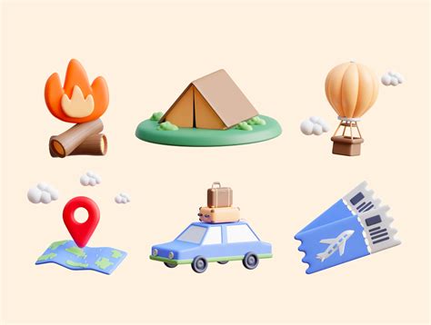 Travel And Vacation 3d Icon Pack 12款3d立体趣味卡通露营旅行度假旅游插图插画png免抠图片素材 Uigui