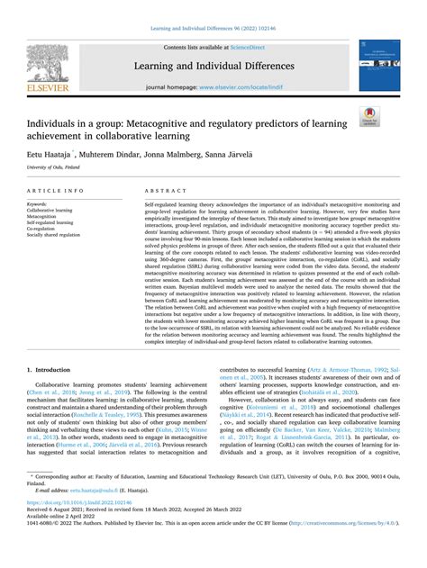 Pdf Individuals In A Group Metacognitive And Regulatory Predictors Of Learning Achievement In