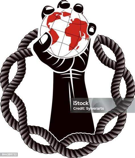 강한 남자의 근육 쥔된 주먹 철 사슬에 의해 둘러싸인 지구 지구 벡터 일러스트 레이 션을 하 고 혁명 지도자 개념 남북 전쟁