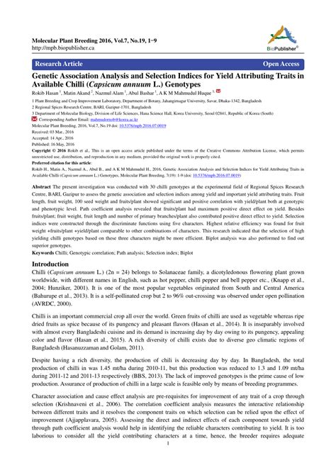 Pdf Genetic Association Analysis And Selection Indices For Yield Attributing Traits In