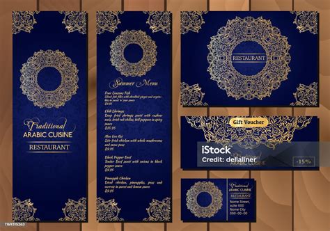 레스토랑 이나 카페 아라비아 동양 요리 명함 및 바우처에 대 한 메뉴의 벡터 그림입니다 어두운 배경에 손으로 그린 이슬람 패턴입니다 로고 꽃 만다라 만다라에 대한 스톡 벡터
