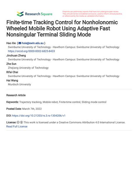 Pdf Finite Time Tracking Control For Nonholonomic Wheeled Mobile