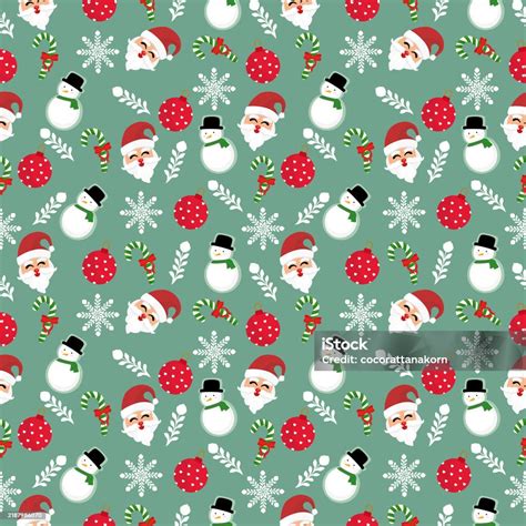 산타 클로스의 귀여운 이음새가 없는 빨간 모자 빨간 종 와 흰 눈송이에 눈사람 와 파스텔 그린 벽지와 배경에 별이 빛나고 있습니다 크리스마스와 새해 휴일 개념 0명에 대한