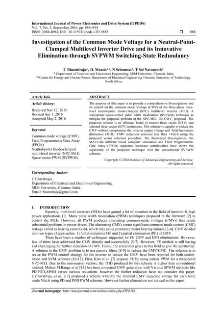 Investigation Of The Common Mode Voltage For A Neutral Point Clamped Multilevel Inverter Drive